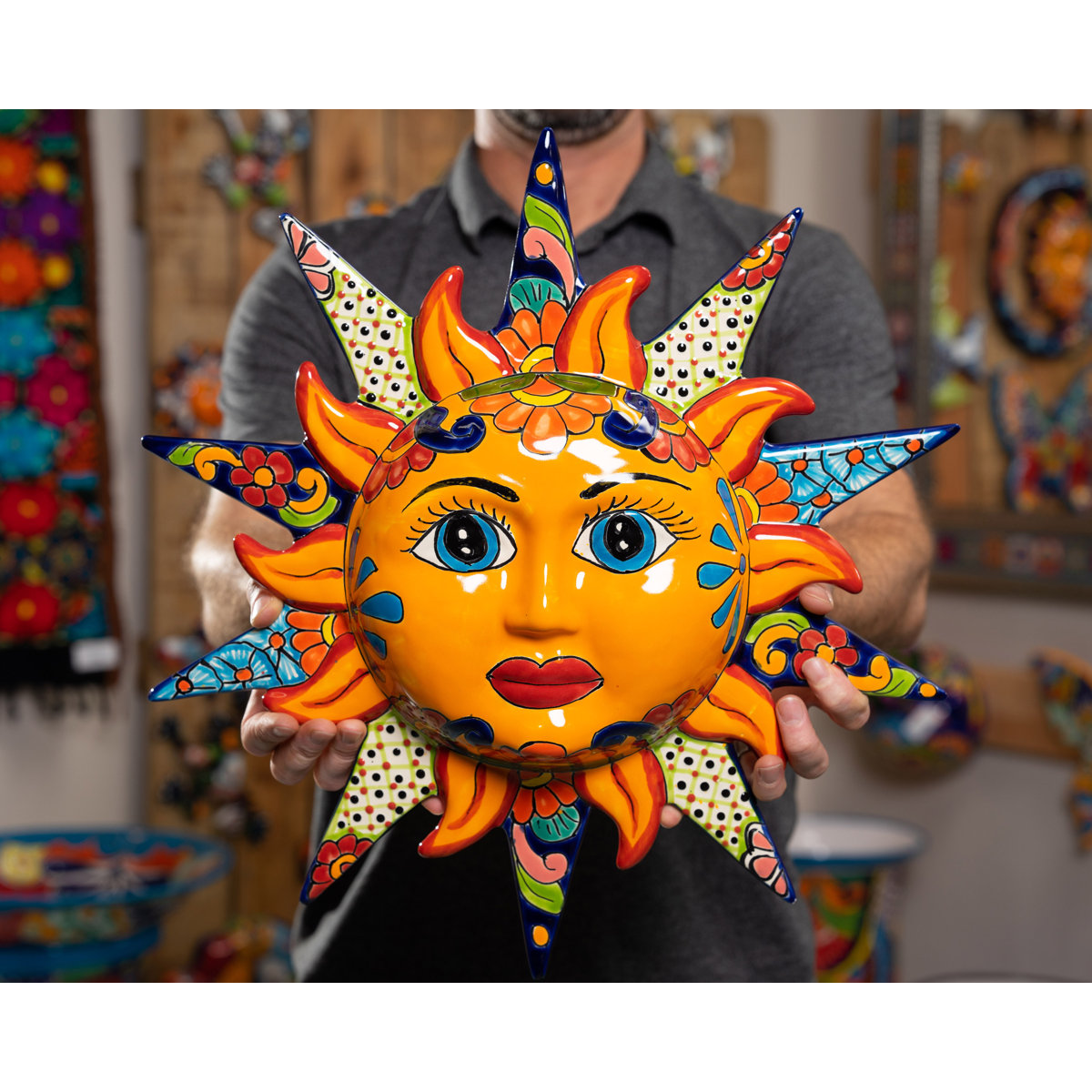 Bungalow Rose Devyne Mexican Talavera Pottery Sun Wall Art Indoor Outdoor Garden Art | Wayfair